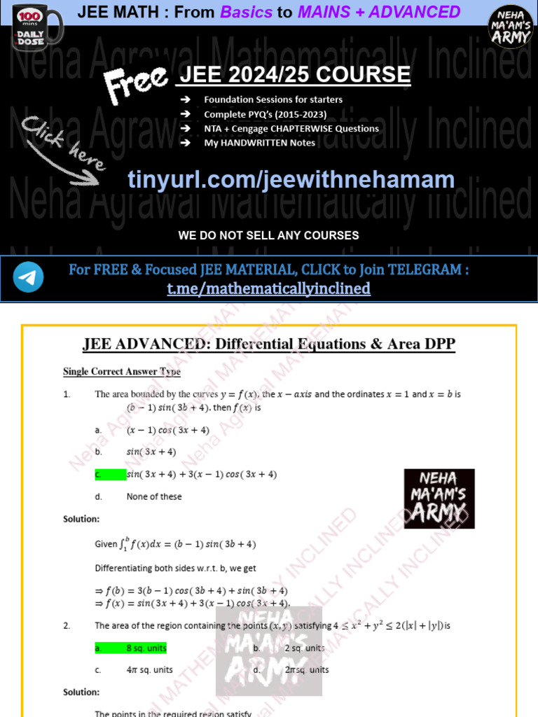 DPP - Solution - JEE ADVANCED - Differential Equations & Area | PDF | Area | Equations