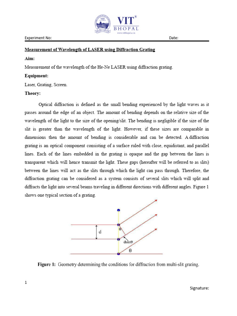 Measurement of Wavelength of LASER Using Diffraction Grating Aim | PDF | Diffraction | Wavelength