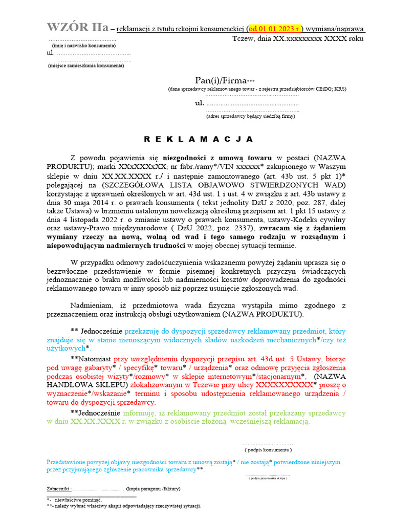 WZÓR IIa Reklamacja Ustawowa Rękojmia Wymiana Usunięcie Od 01.01.2023 R ...