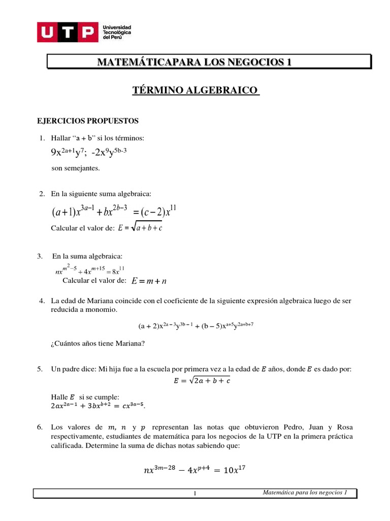 S03_s1 - Ejercicios- Término algebraico | PDF S03_s1 - Ejercicios- Término algebraico | PDF