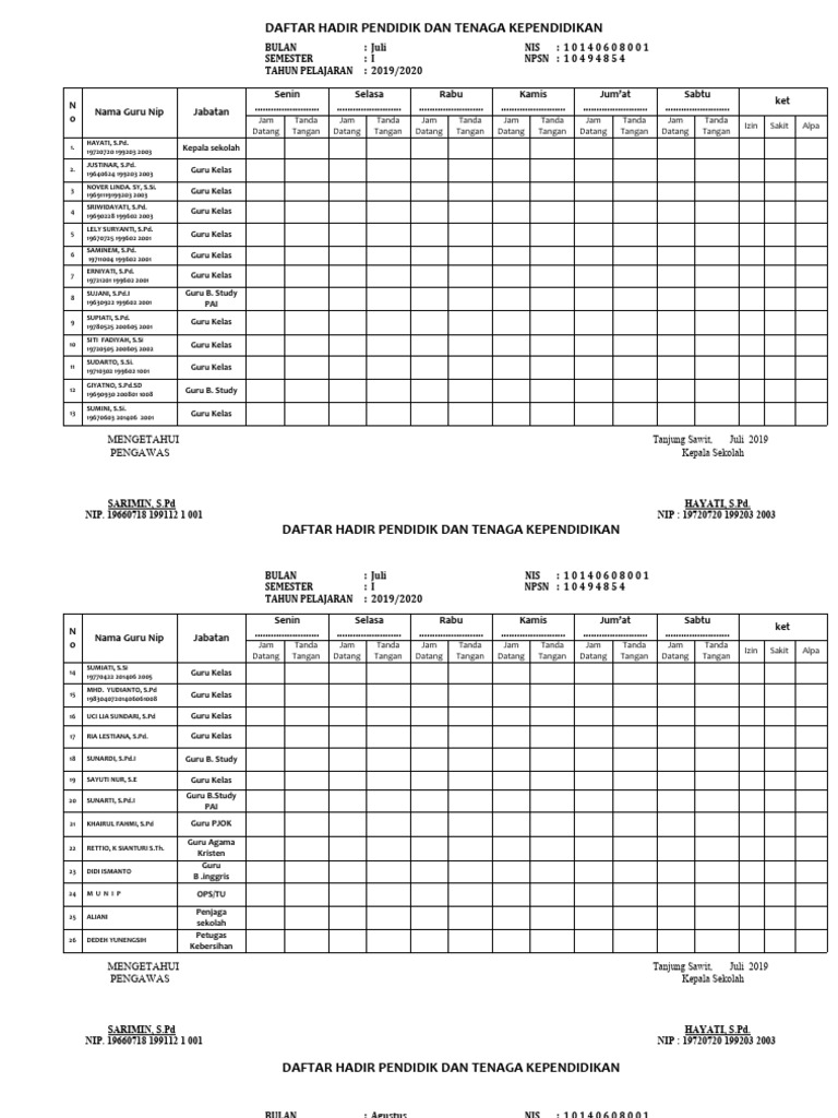 Daftar Hadir Pendidik Dan Tenaga Kependidikan 2019 - 2020 | PDF