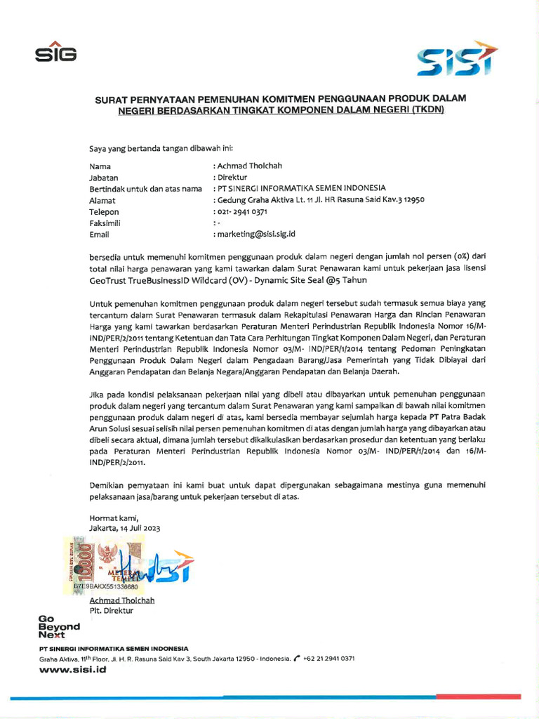 Surat Pernyataan Komitmen TKDN | PDF