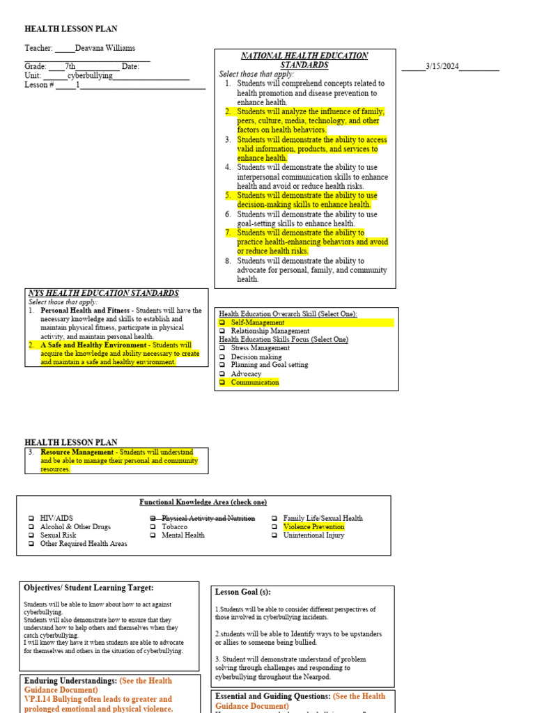 Lesson Plan 1 Cyberbullying Match 15th | PDF | Educational Assessment ...