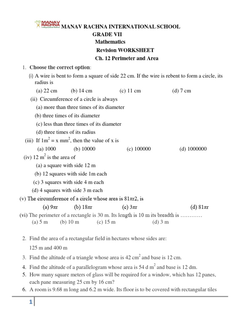 Class 7 Perimeter and Area Worksheet | PDF | Area | Rectangle