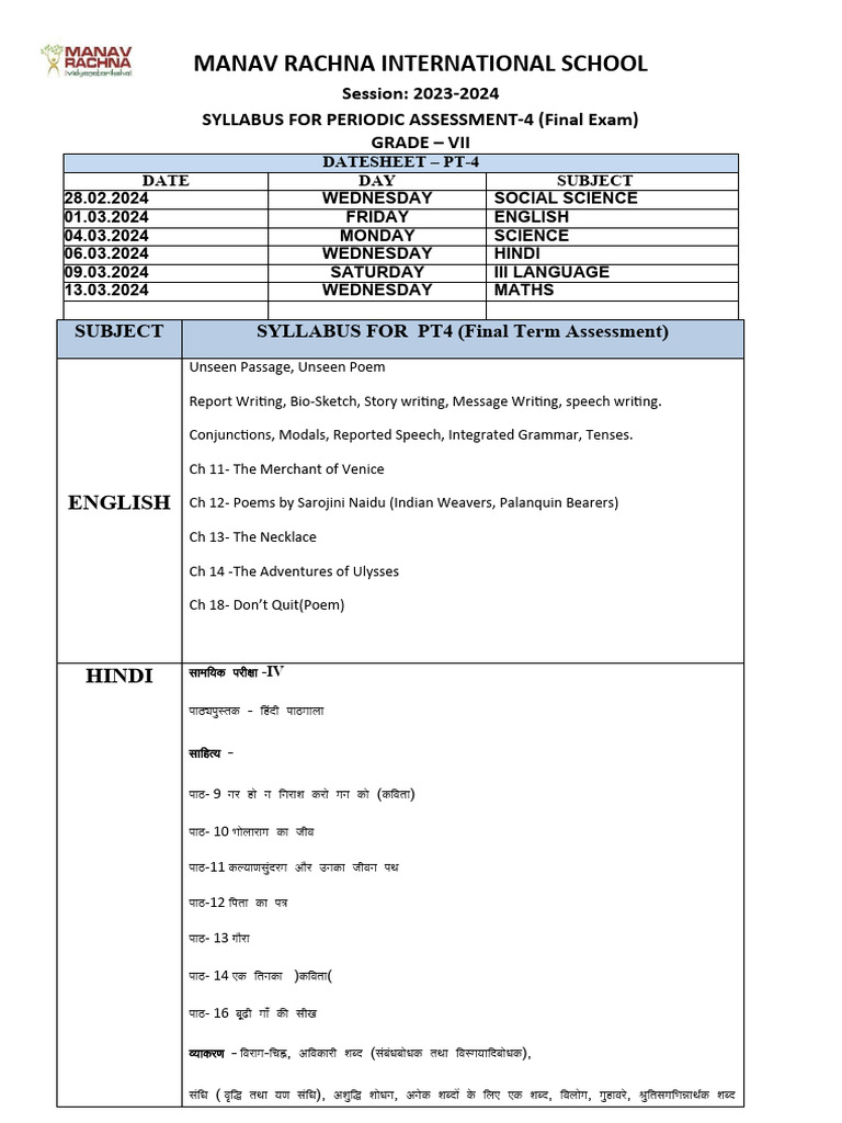 Grade 7 Datesheet and Syllabus | PDF