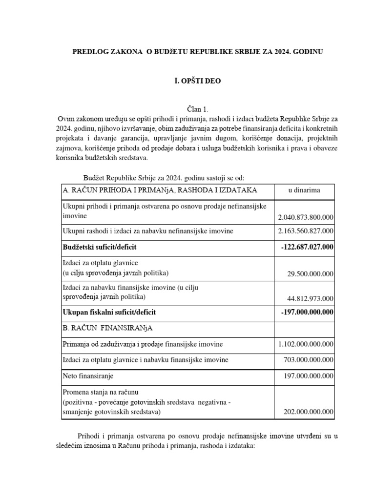 PREDLOG ZAKONA O BUDžETU REPUBLIKE SRBIJE ZA 2024. GODINU | PDF
