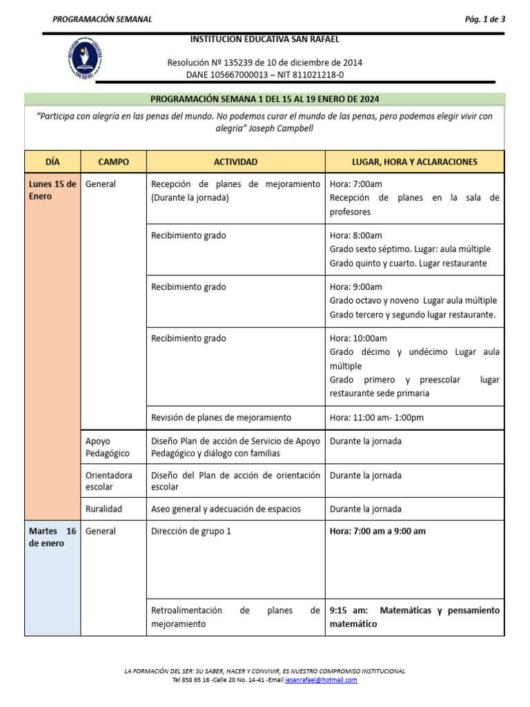 Programación Semanal 15-19 Enero 2024 | PDF | Pedagogía | Enseñando