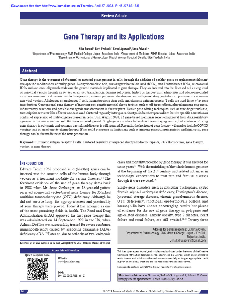 Gene Therapy and Its Applications | PDF | Gene Therapy | Viral Vector