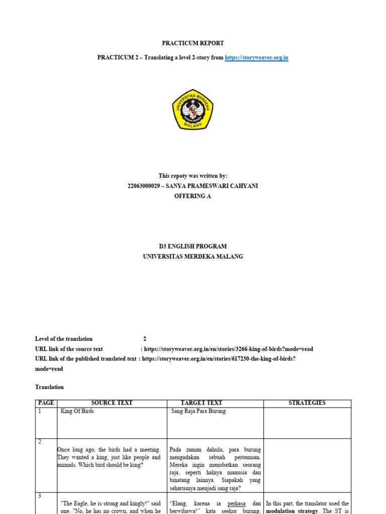 Translation Practicum Report | PDF | Birds | Linguistics