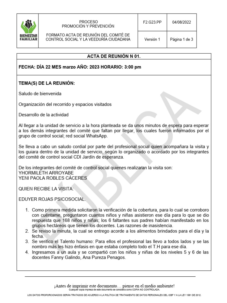 f2.g23.pp Formato Acta de Reunion Del Comite de Control Social y La Veeduria Ciudadana v1 | PDF