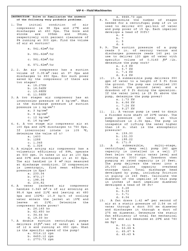 VIP 4 Fluid Machineries Exam | PDF | Pump | Pressure
