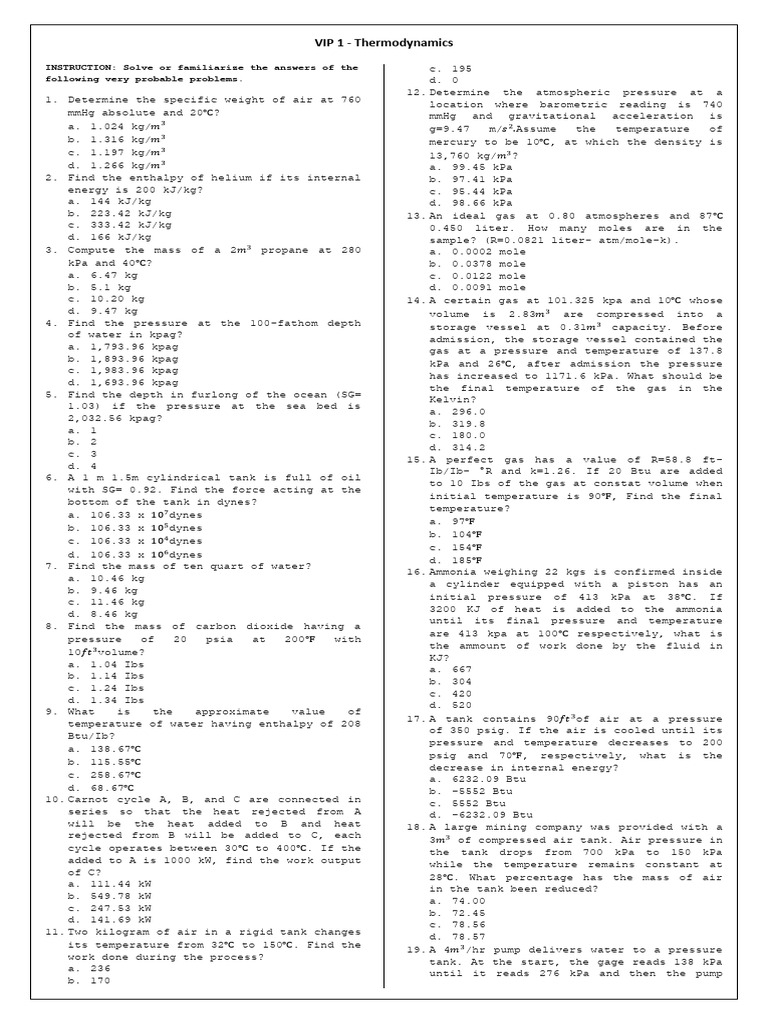 VIP 1 Thermodynamics Exam | PDF | Pressure | Heat