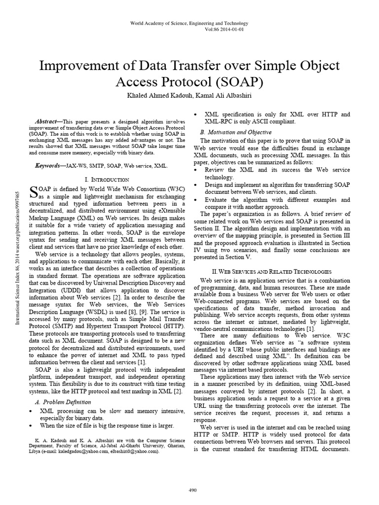 Improvement Of Data Transfer Over Simple Object Access Protocol Soap