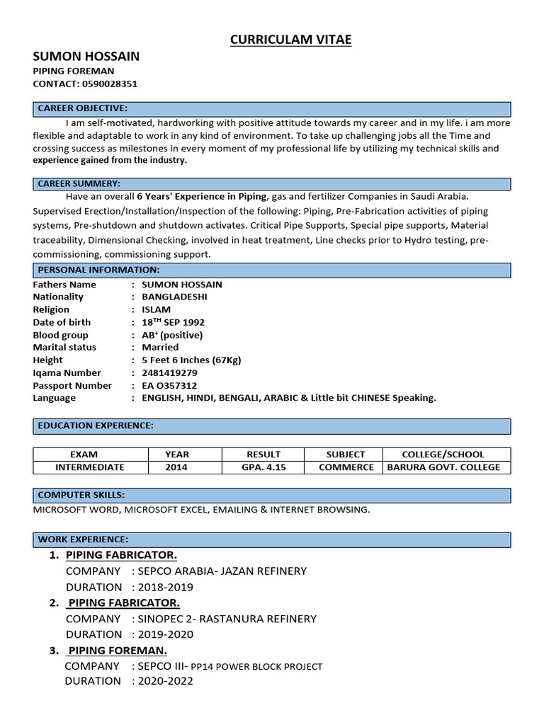 Piping Foreman CV of Sumon Hossain | PDF | Pipe (Fluid Conveyance)