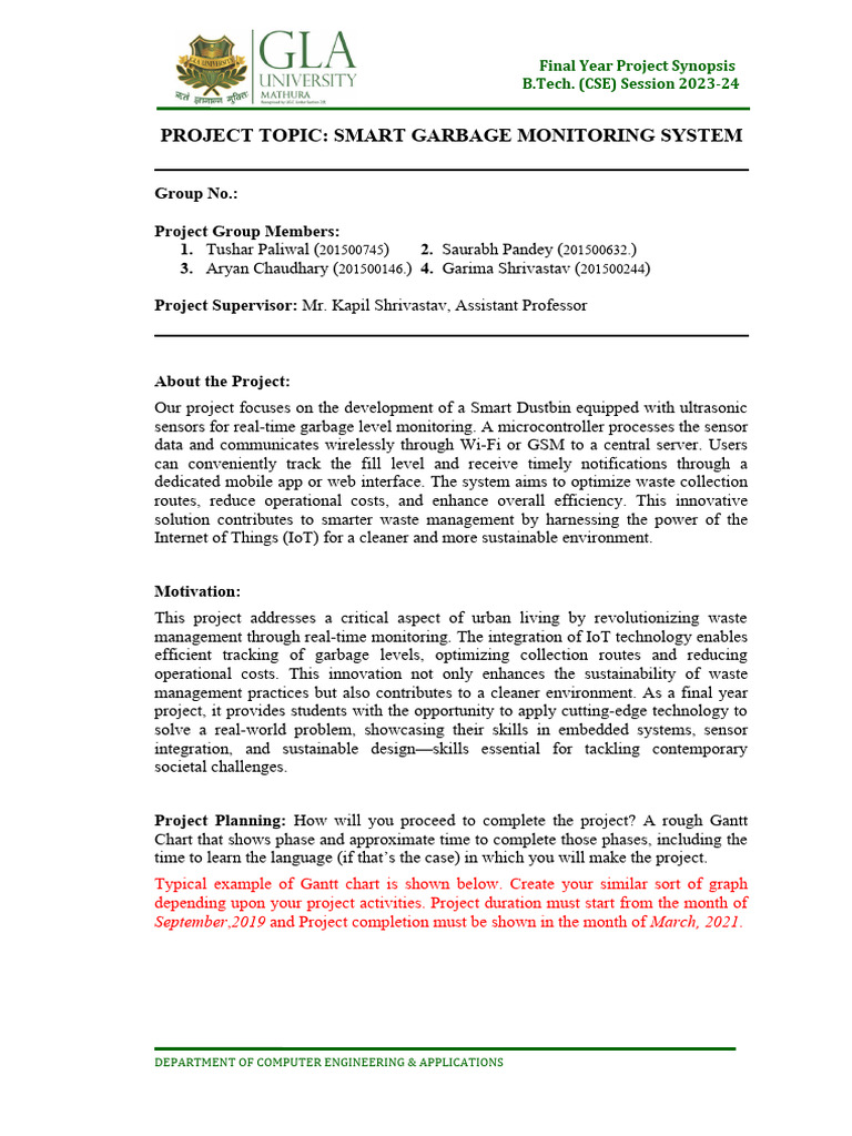 ACADEMIC CSE Project Synopsis (1) Smart Garbage Monitoring System ... ACADEMIC CSE Project Synopsis (1) Smart Garbage Monitoring System ...