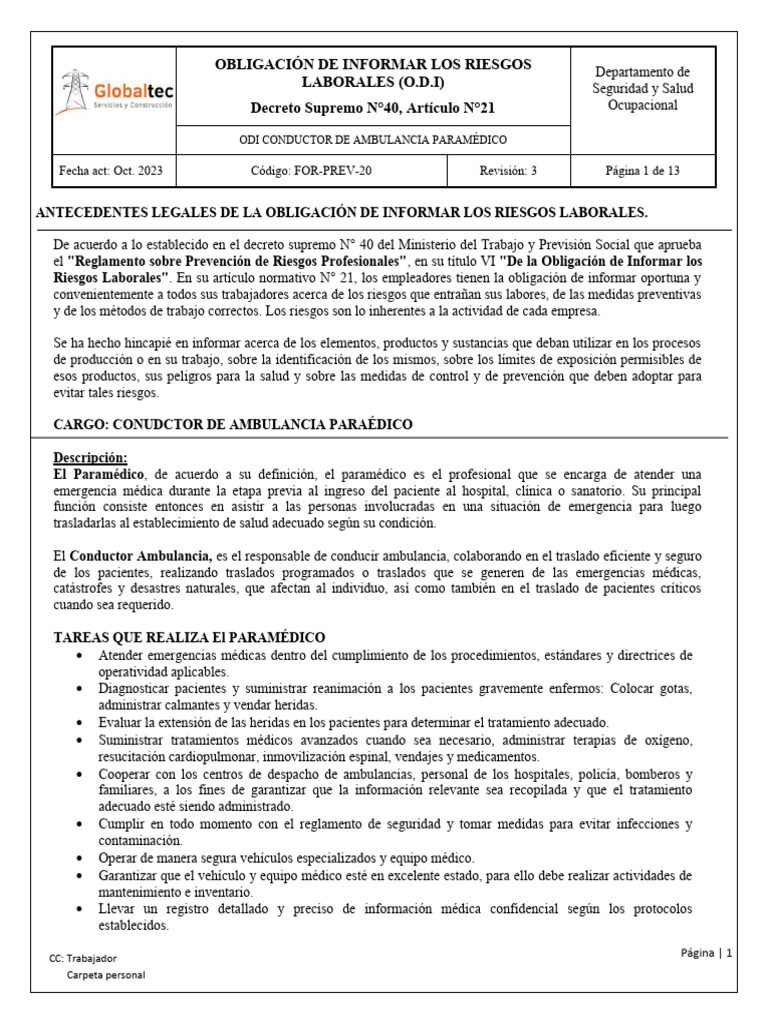 ODI CONDUCTOR AMBULANCIA PARAMEDICO GLOBALTEC Rev3 | PDF | Ambulancia ...