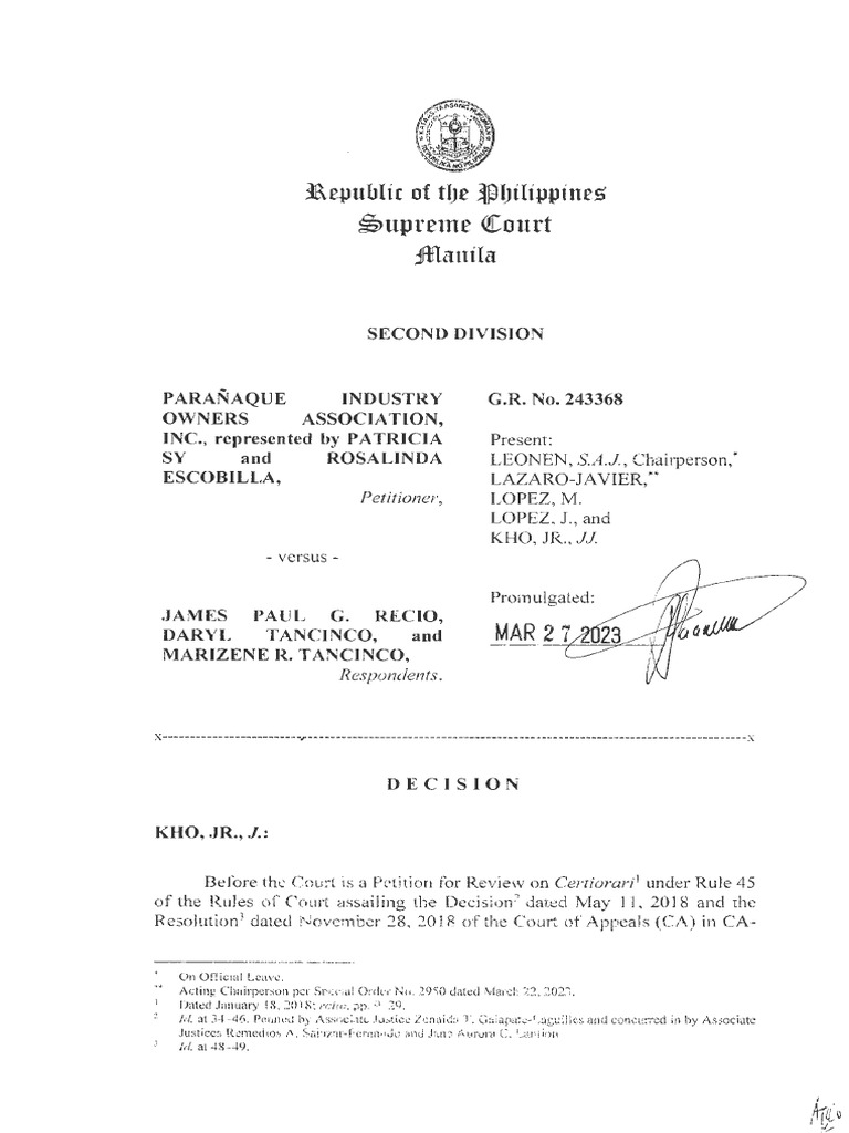 Paranaque Industry Owners Assoc v. Recio GR No. 243368 March 27 2023 ...