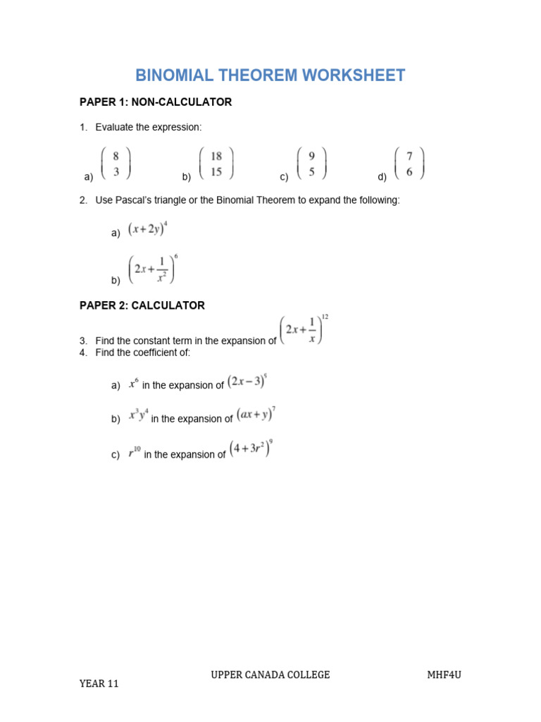 Binomial Theorem Worksheet | PDF