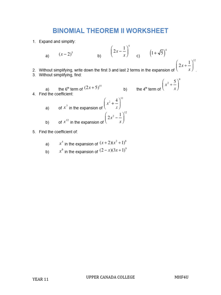 Binomial Theorem Worksheet MHF4U | PDF