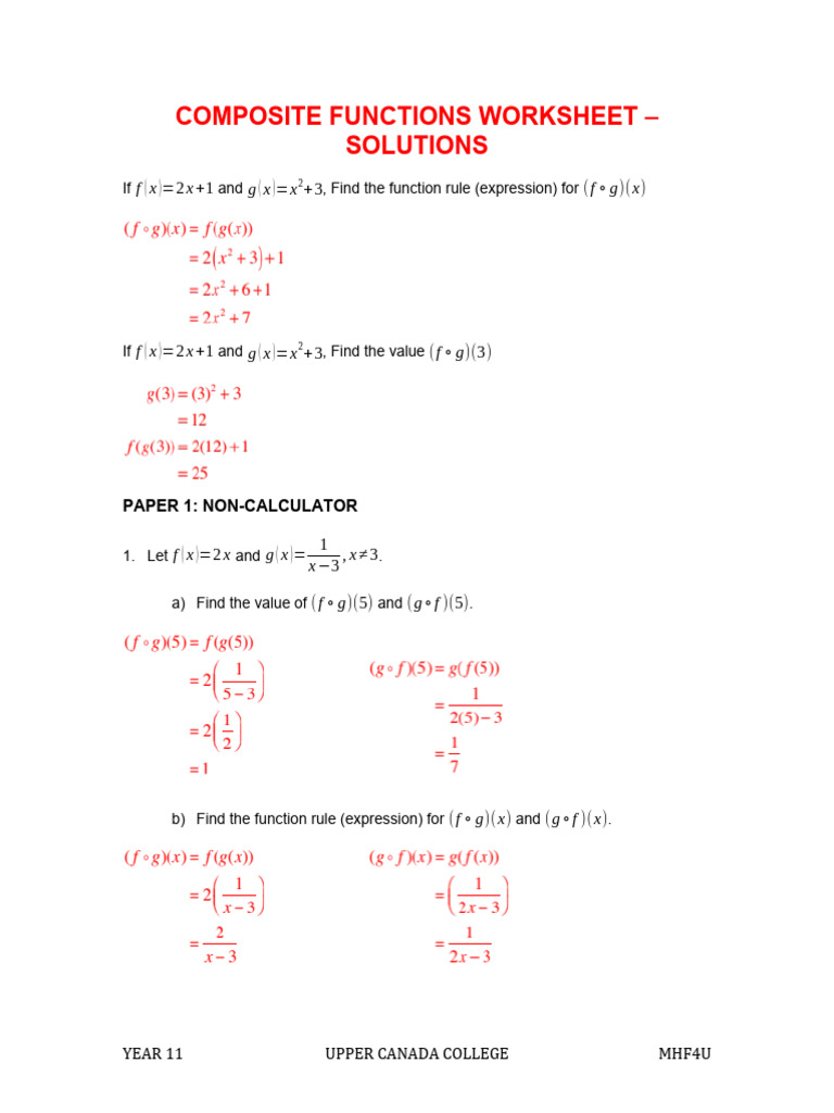 Composite Functions Worksheet - Solutions | PDF