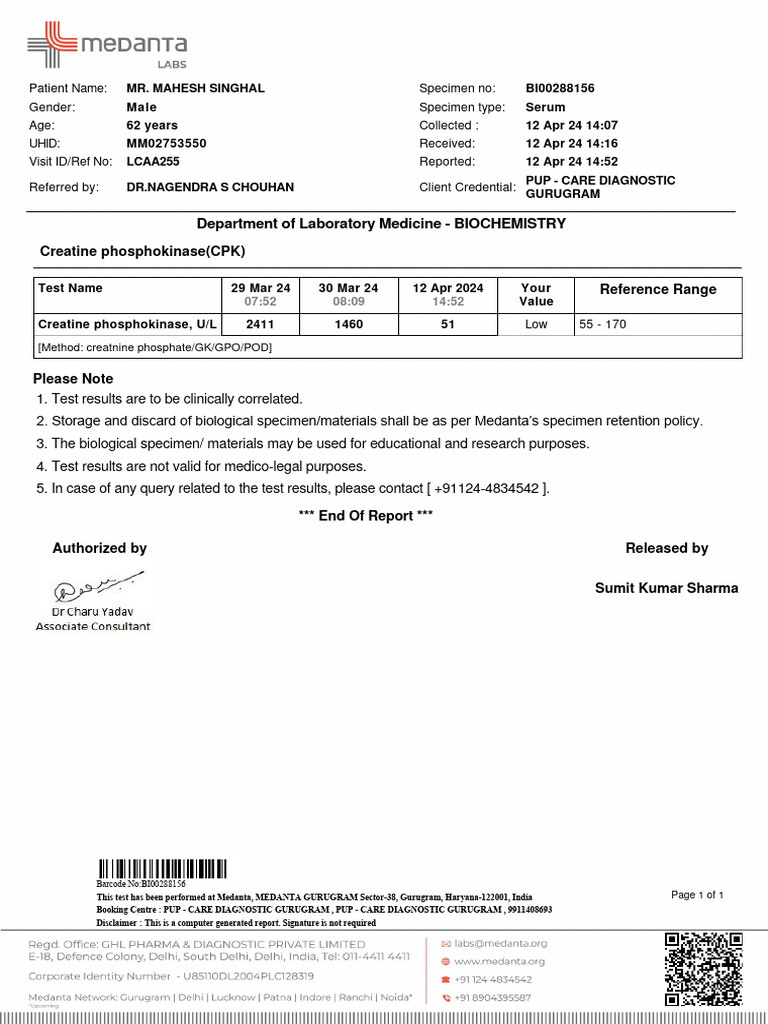 Labreportnew1 - 2024-04-12T151358.240 | PDF | Health Care | Medicine