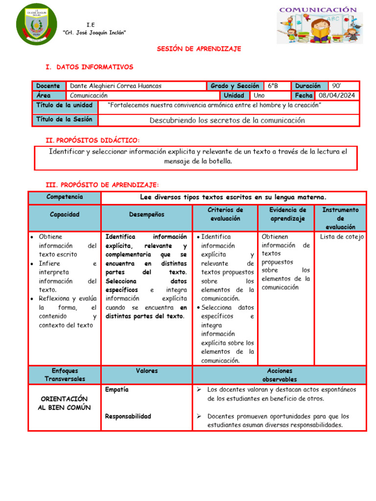 Sesion de Aprendizaje 3 - Lectura Aplicando Los Elementos de La Comunicacion | PDF | Evaluación ...