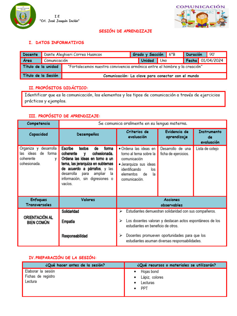 Sesion de Aprendizaje 1 - La Comunicacion | PDF | Comunicación | Evaluación