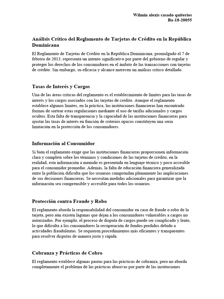 Análisis del Reglamento de Tarjetas de Crédito | PDF | Protección al ...