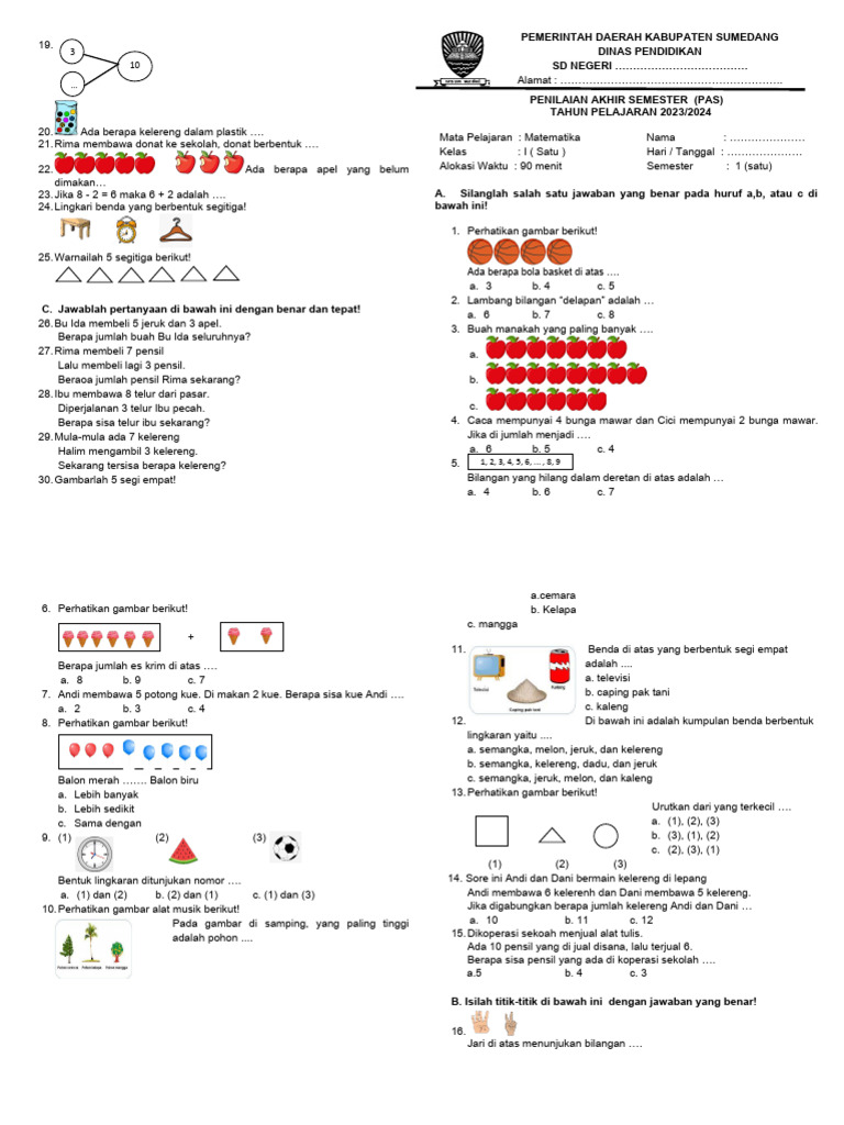 Soal Sas Kelas 1 SMT 1-1 | PDF