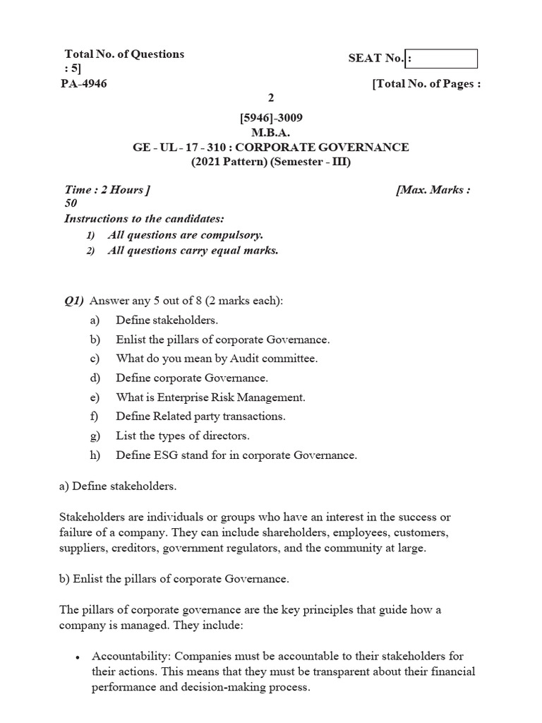 Corporate Governance Exam Questions Guide | PDF | Internal Control ...