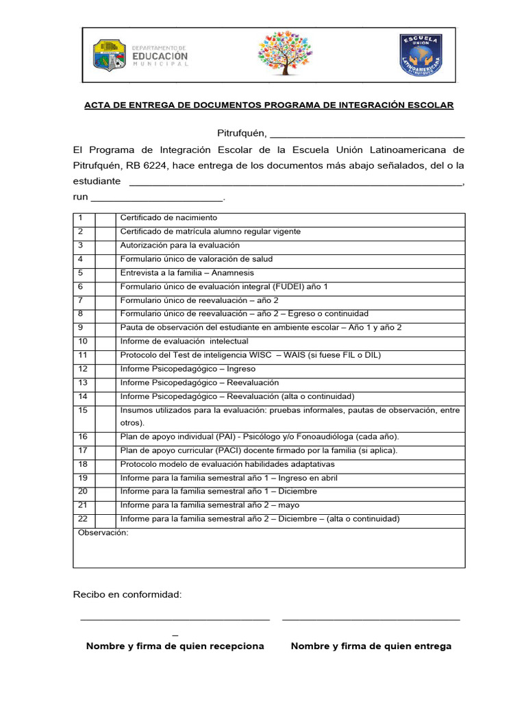 Acta de Entrega de Documentos Pie 2024 | PDF