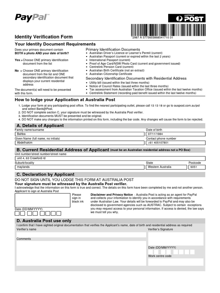 AUPost IV Form PDF | PDF | Identity Document | Access Control