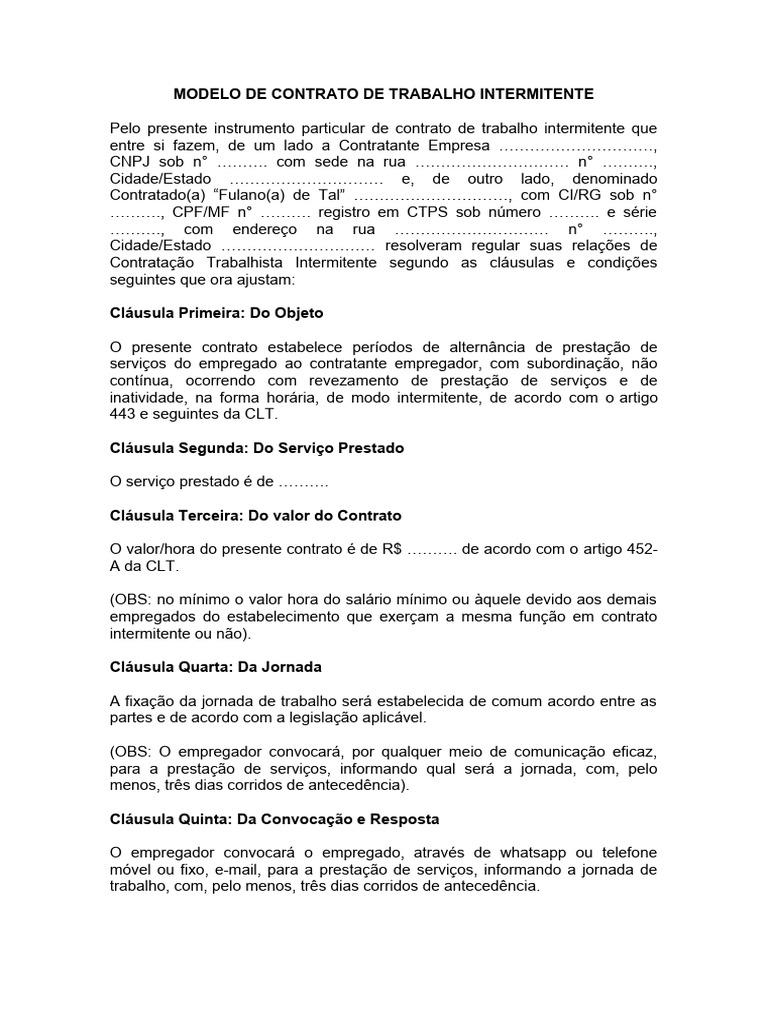 Modelo de Contrato de Trabalho Intermitente | PDF | Férias trabalhistas | Trabalho