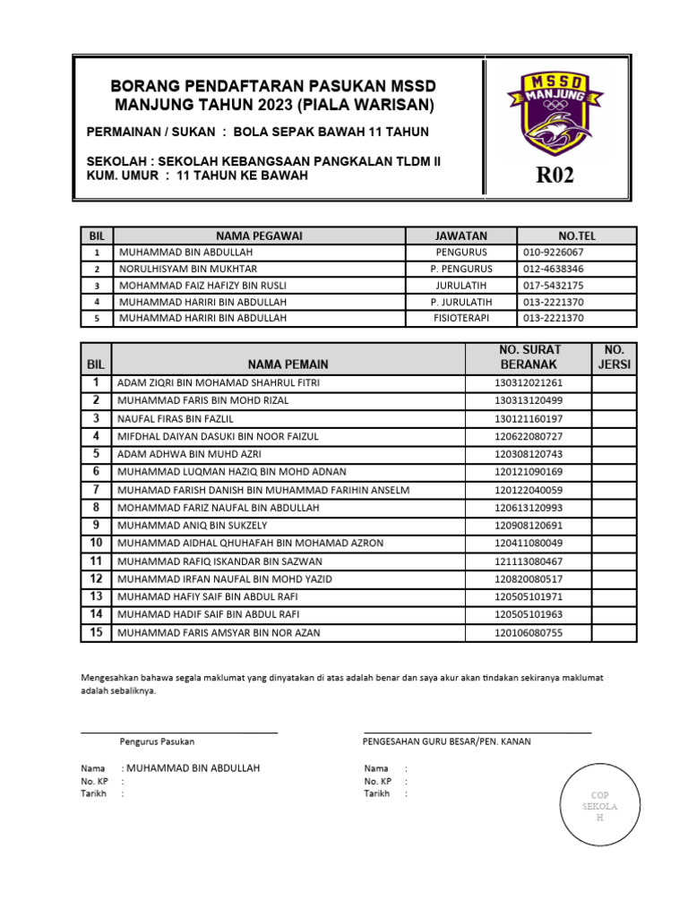Borang R02 Bola Sepak Piala Warisan Pdf
