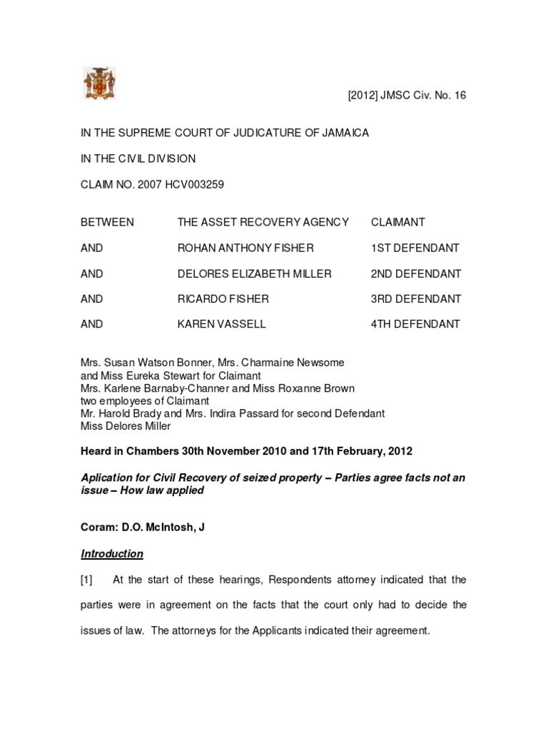 The Asset Recovery Agency V Fisher, Rohan and Miller, Delores Et Al ...