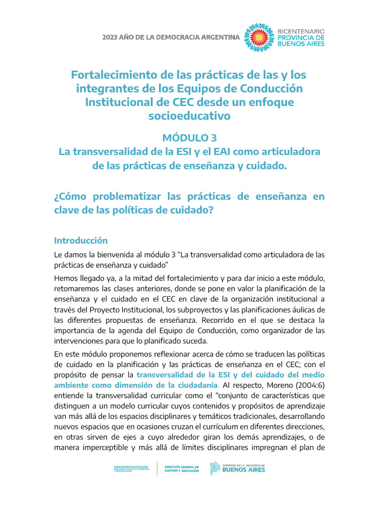2023 - Modulo 3 - La Transversalidad de La ESI y El EAI | PDF | Plan de estudios | Educación sexual