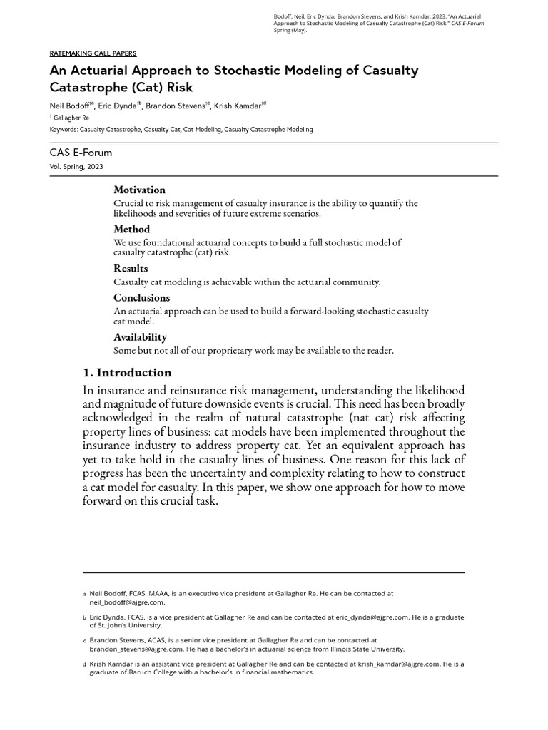 An Actuarial Approach To Stochastic Modeling Of Casualty Catastrophe