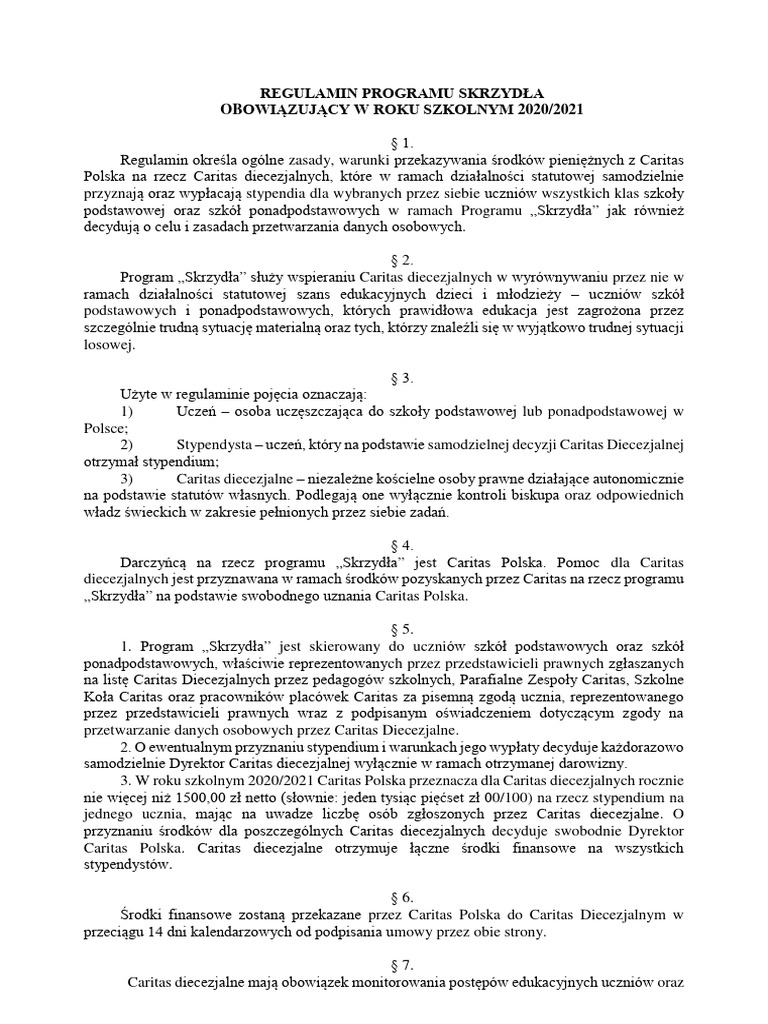 REGULAMIN Regulamin Programu Skrzydła 2020-2021 | PDF