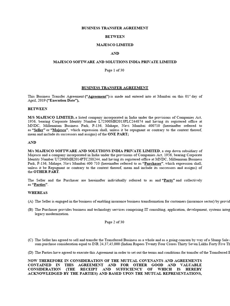 02 Slump Sale Agreement Draft | PDF | Indemnity | Taxes