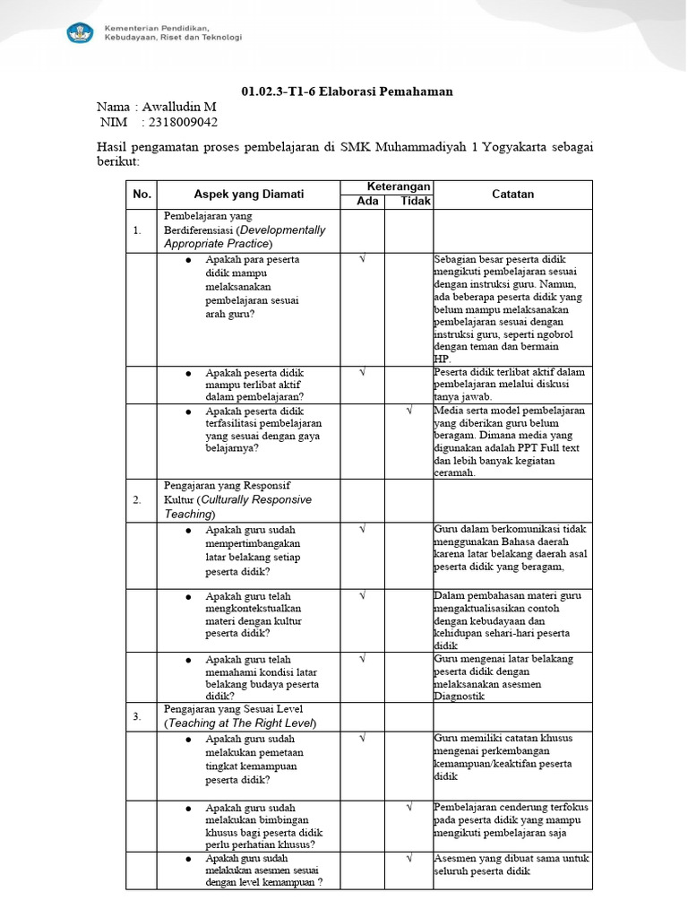 01.02.3-T1-6 Elaborasi Pemahaman Peserta Didik - Awalludin | PDF