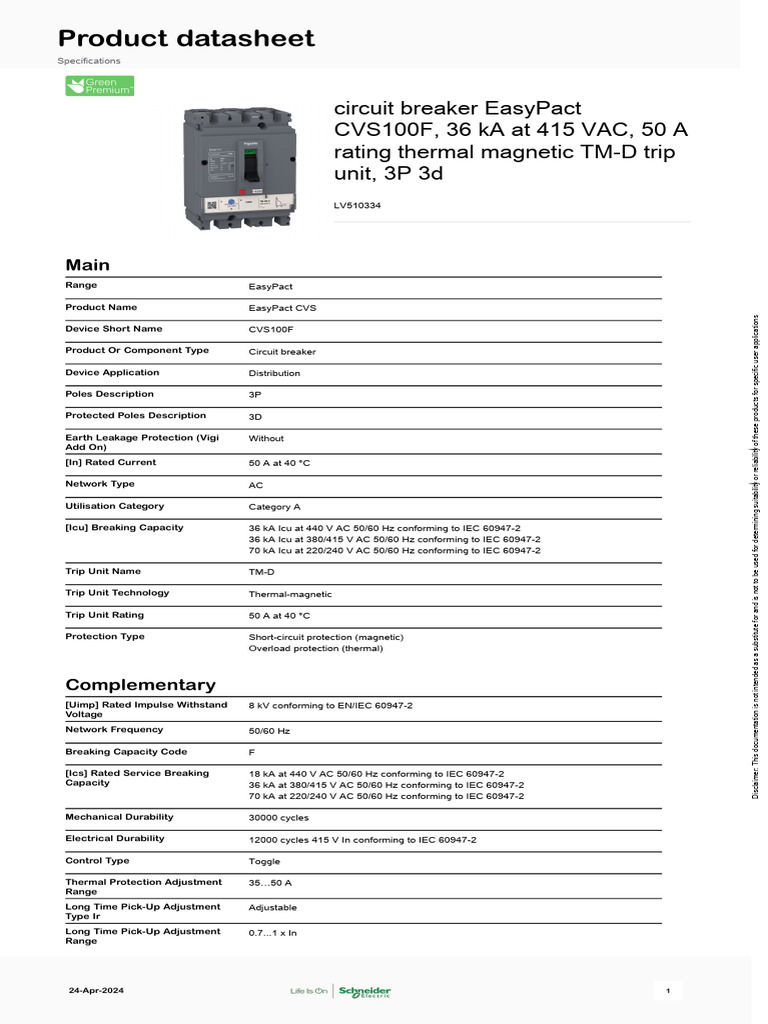 DATASHEET BREAKER Schneider Electric - EasyPact-CVS - LV510334 | PDF | Alternating Current ...