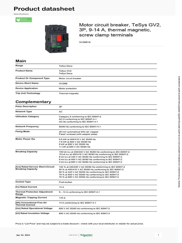 DATASHEET GUARDAMOTOR Schneider Electric - TeSys-GV2 - GV2ME16 ...