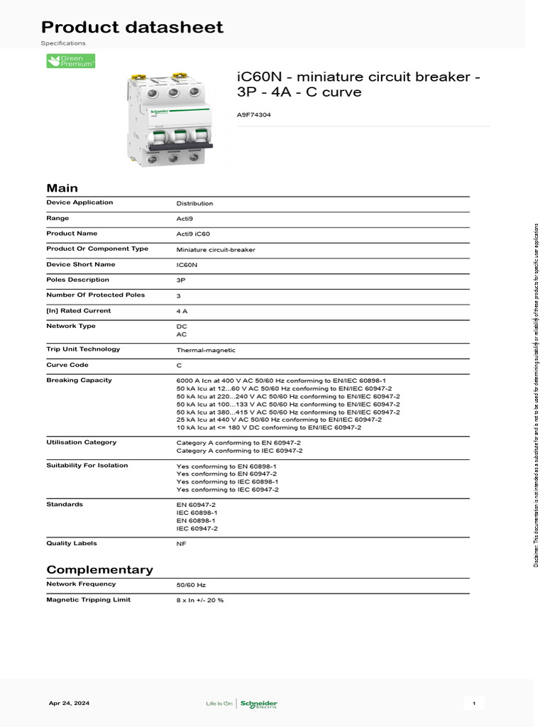 DATASHEET BREAKER CONTROL 4A Schneider Electric - MCB-for-Protection-Acti9-iC60 - A9F74304 | PDF ...