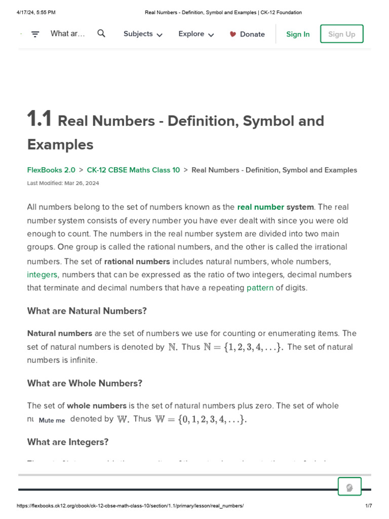 Real Numbers - Definition, Symbol and Examples _ CK-12 Foundation | PDF | Numbers | Rational Number