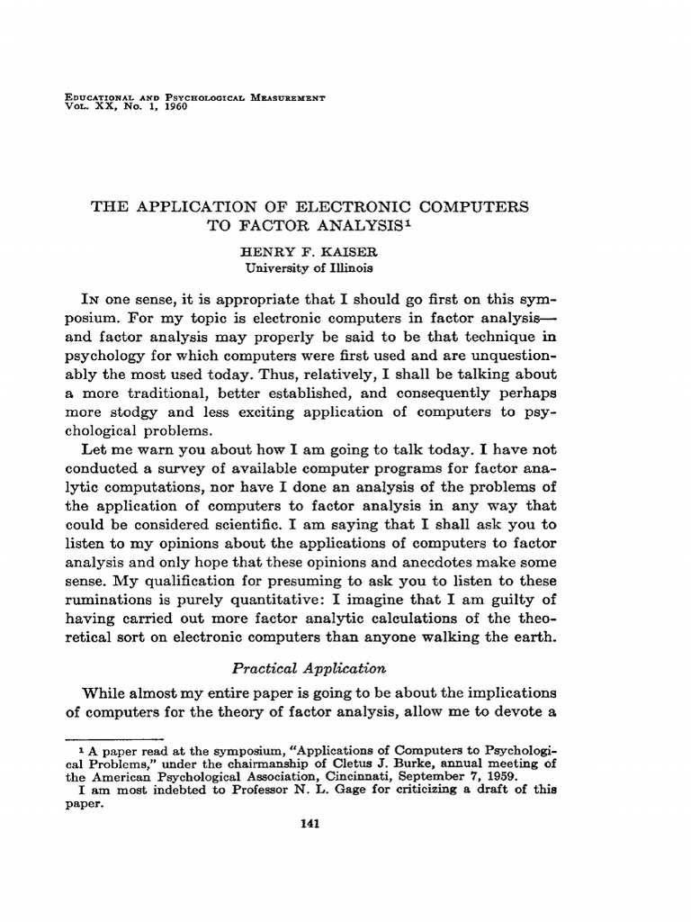 Kaiser 1960 The Application of Electronic Computers To Factor Analysis | Download Free PDF ...