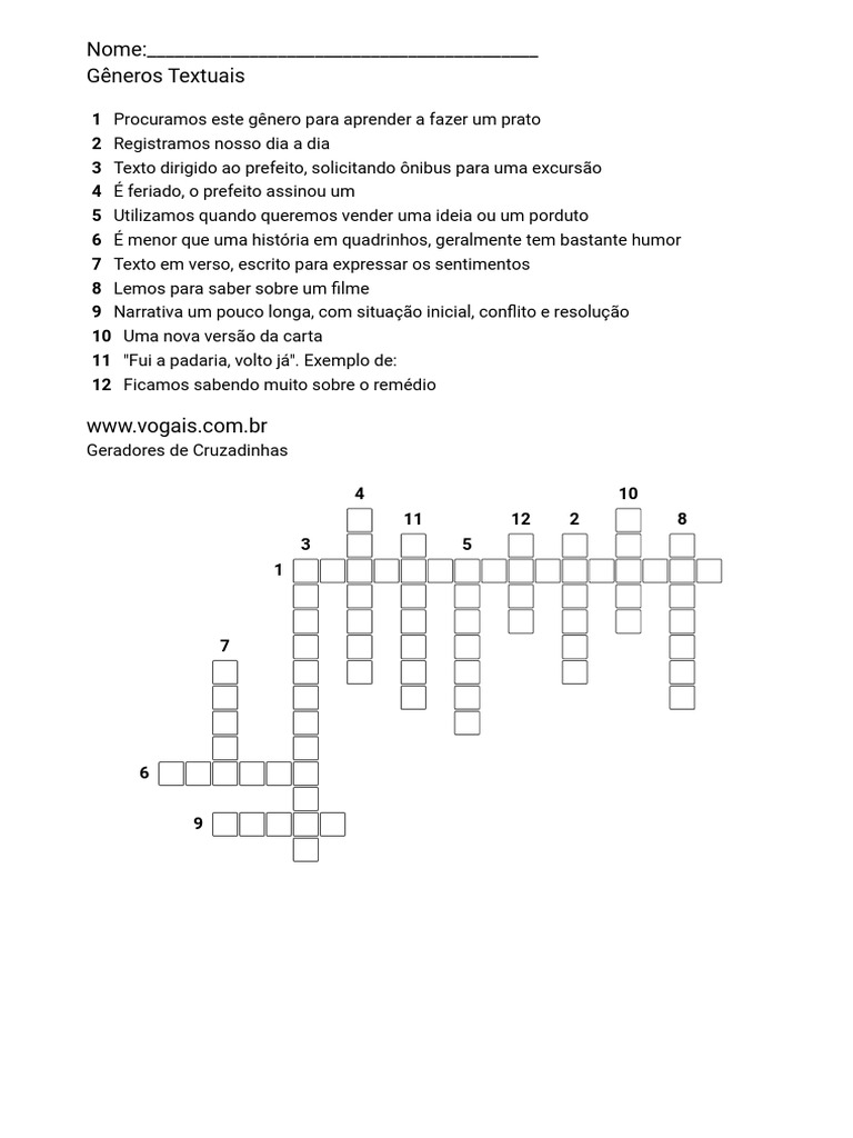 Cruzadinhas sobre Gêneros Textuais | PDF