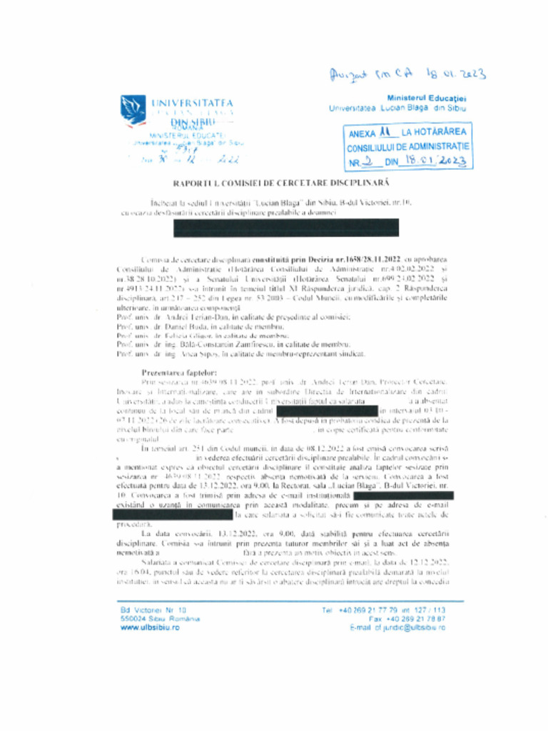 Anexa 11 - Raportul Comisiei de Cercetare Disciplinară | PDF