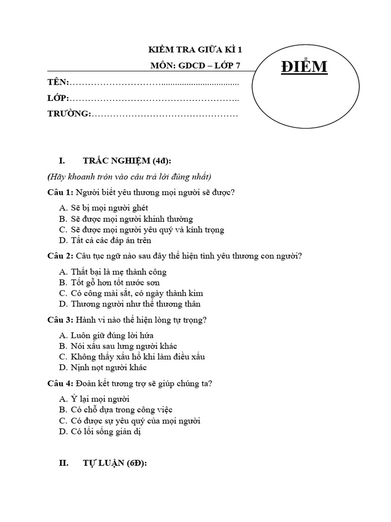 GDCD - Lop 7 - Kiem Tra Giua Ki HK1 | PDF