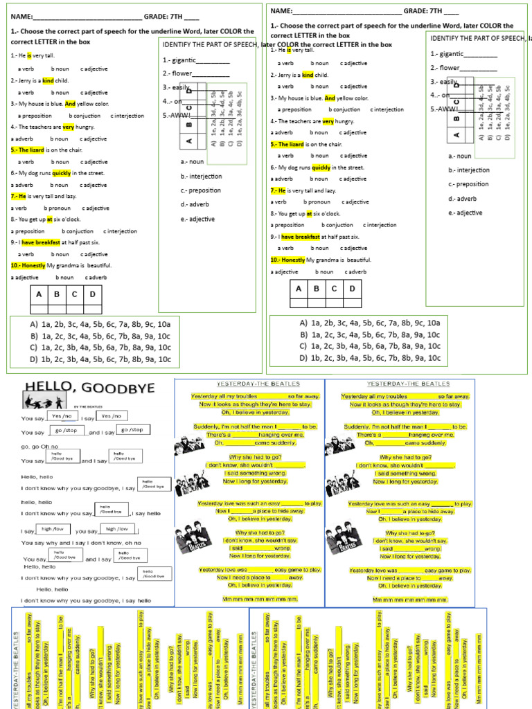 7th Grade Parts of Speech Worksheet | PDF | Part Of Speech | Adjective