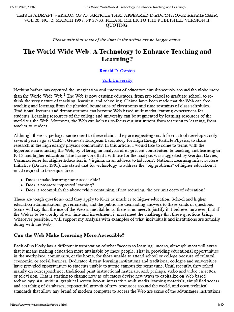 The World Wide Web - A Technology To Enhance Teaching and Learning ...
